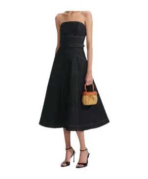 SELF-PORTRAIT Denim Bandeau Midi Dress With Belt