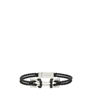 FERRAGAMO Double Gancini Braided Leather Bracelet - Black