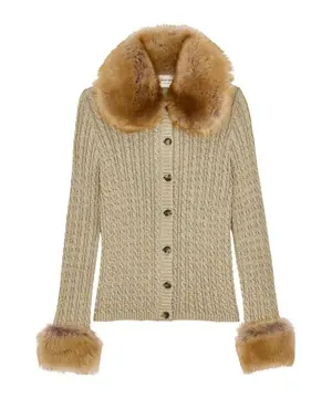 Saint Laurent Cable-knit Fur Trimmed Cardigan - Dore/fauve