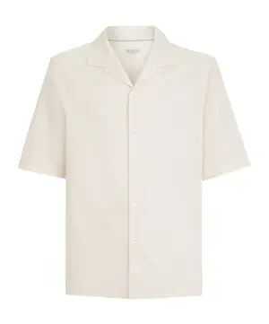 Brunello Cucinelli Linen And Cotton Chevron Jersey Short Sleeve Shirt With Camp Collar - White