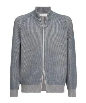 Brunello Cucinelli Cashmere Vanisé English Rib High-neck Cardigan - Blue