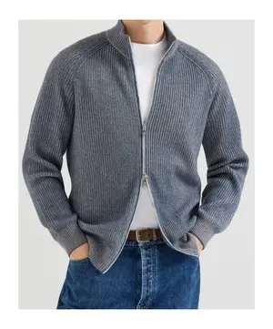 Brunello Cucinelli Cashmere Vanisé English Rib High-neck Cardigan - Blue