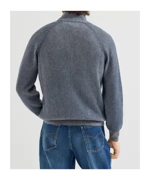 Brunello Cucinelli Cashmere Vanisé English Rib High-neck Cardigan - Blue