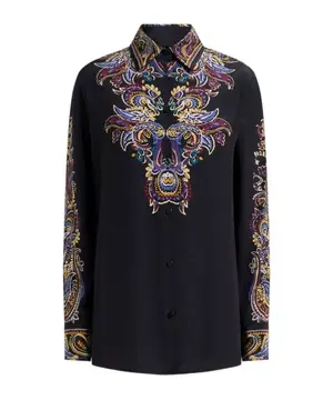 Etro Silk Shirt With Placed Paisley Foliage Print - Black
