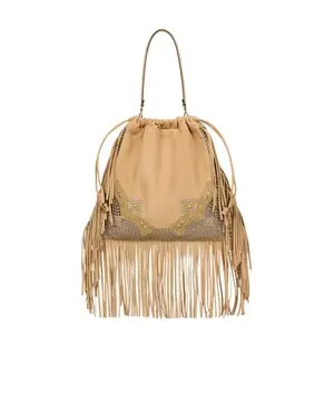 Etro Tassel Studded Suede Shoulder Bag - Nude