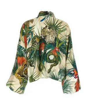 Roberto Cavalli Jungle Printed Wide Sleeved Satin Shirt