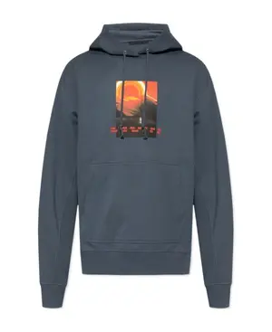 Helmut Lang Graphic Printed Drawstring Hoodie - Blue