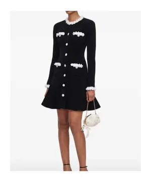 SELF-PORTRAIT Chenille Knit Mini Dress With Floral Trim