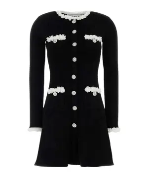 SELF-PORTRAIT Chenille Knit Mini Dress With Floral Trim - Black