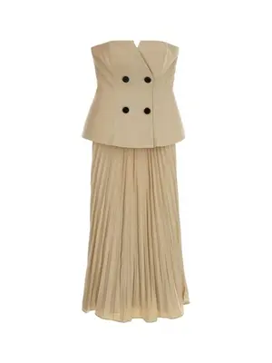 SELF-PORTRAIT Bandeau Pleated Midi Dress - Beige
