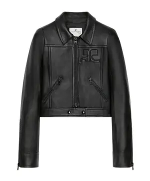 COURREGES Leather Zip-up Jacket With Logo Detail - Black