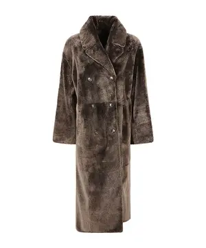 YVES SALOMON Long Double-breasted Shearling Coat - Brown