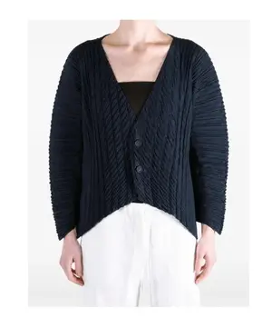 Issey Miyake Pleated Asymmetric Cardigan - Deep Navy Blue