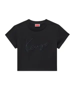 Kenzo Signature' Embroidered Cropped T-shirt In Cotton - Black