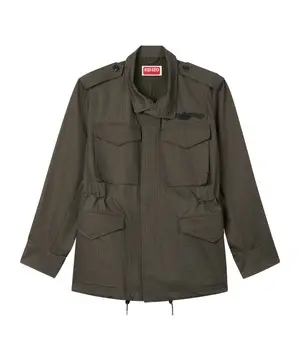 Kenzo Emblem' Military Jacket In Herringbone Cotton - Black