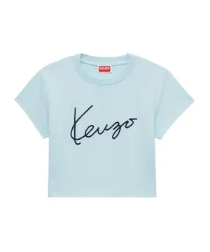 Kenzo Signature' Embroidered Cropped T-shirt In Cotton - Blue