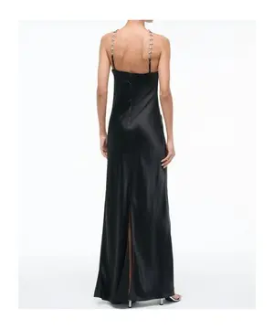 Staud Long Satin Halterneck Dress With Silver Beaded Straps