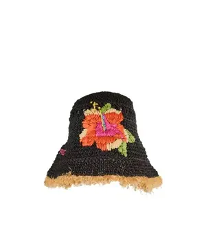 Etro Floral-embroidered Raffia Bucket Hat - Black