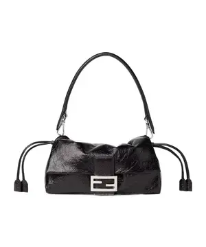 Fendi Baguette Soft Medium Crackled Leather Bag - Black