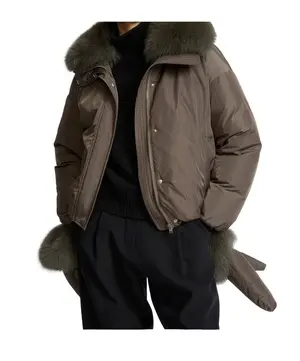 YVES SALOMON Short Technical Fabric Down Jacket With Detachable Fox Fur Collar