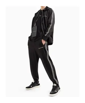 Armani Exchange Hooded Zipper Cardigan With Sporty Stripes - Black