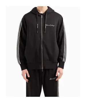 Armani Exchange Hooded Zipper Cardigan With Sporty Stripes - Black