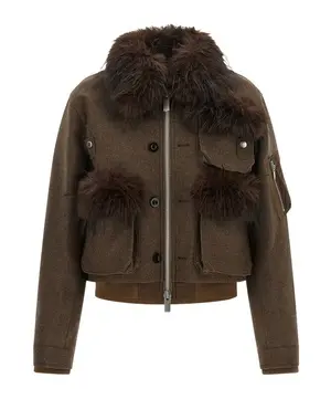 Sacai Melton Wool Bomber Jacket With Fur Accents - Brown
