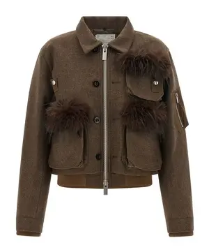 Sacai Melton Wool Bomber Jacket With Fur Accents