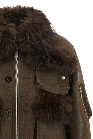 Sacai Melton Wool Bomber Jacket With Fur Accents