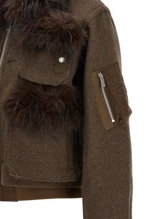 Sacai Melton Wool Bomber Jacket With Fur Accents