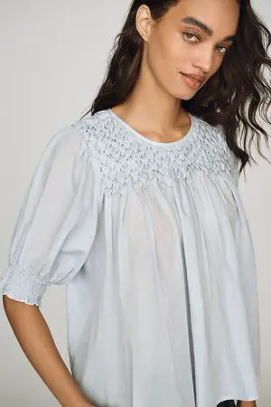 Anthropologie Smocked Swg Blouse - Light Blue
