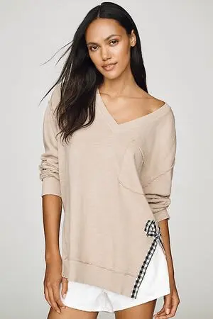 PILCRO Cotton V-neck Side-tie Top - Beige
