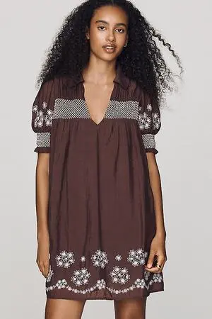 Anthropologie Puff Sleeve Embroidered Mini Dress - Plum