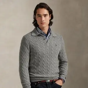 Ralph Lauren Cable-knit Wool-cashmere V-neck Sweater - Fawn Grey Heather