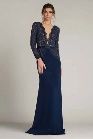 Tadashi Shoji Corwin Embroidered Illusion Gown - Navy/nude