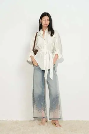 Fabrique Faye Belted Safari Blouse With Roll-tab Sleeves - White