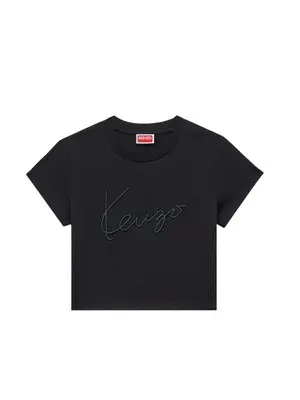 Kenzo Signature` Embroidered Cotton Cropped T-shirt - Black