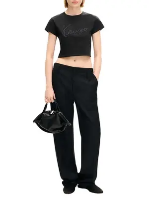 Kenzo Signature" Embroidered Cotton Cropped T-shirt - Black