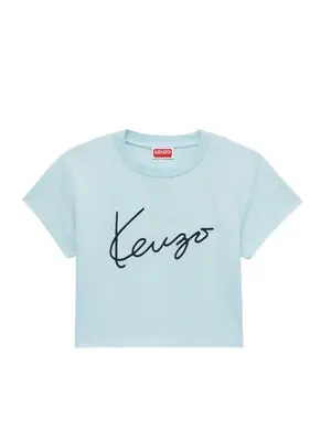 Kenzo Signature` Embroidered Cotton Cropped T-shirt - Blue