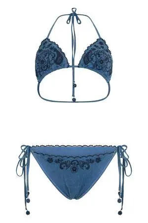 Zimmermann Embroidered Triangle Bikini With Side-tie Slips - Blue
