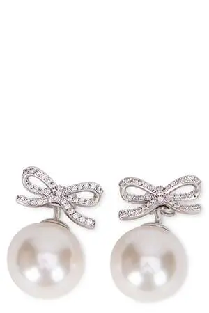 SELF-PORTRAIT Crystal-embellished Bow Drop Earrings With Faux Pearl - White