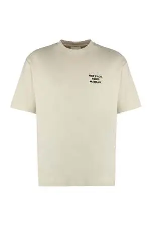 Drole De Monsieur Slogan Cotton Crew-neck T-shirt - Beige