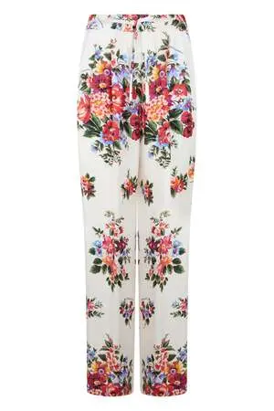 Dolce & Gabbana Floral Silk Wide-leg High-waist Pants - White