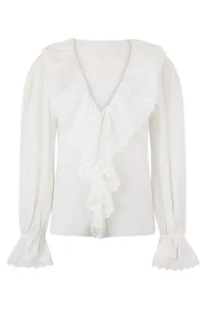 ALBERTA FERRETTI Alberta Ferretti V-Neck Cotton Poplin Blouse With Ruffle & San Gallo Lace