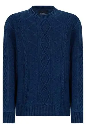 Gant Cable Knit Cotton Crew Neck Sweater - Blue