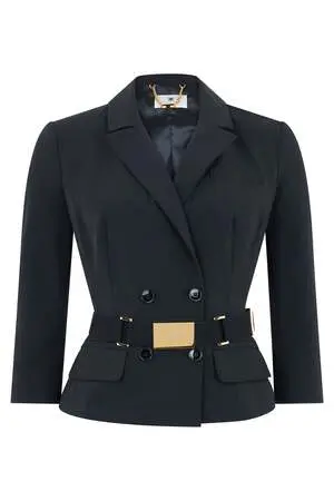 Elisabetta Franchi Stretch Fabric Jacket With Waist Belt And Gold Buckle - Black
