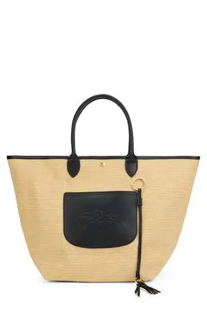 Longchamp Large Basket Tote Handbag With Front Pocket And Sturdy Handles - Beige