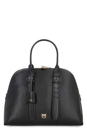 Pinko Maxi Leather Bowling Handbag With Double Zip Padlock Detail And Double Handle - Black