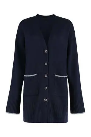 Pinko Tasmania Wool & Cashmere Cardigan With Side Slit Hem And Pockets - Blue