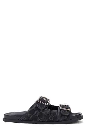 Gucci Denim Slider Sandals With Double Buckle Closure